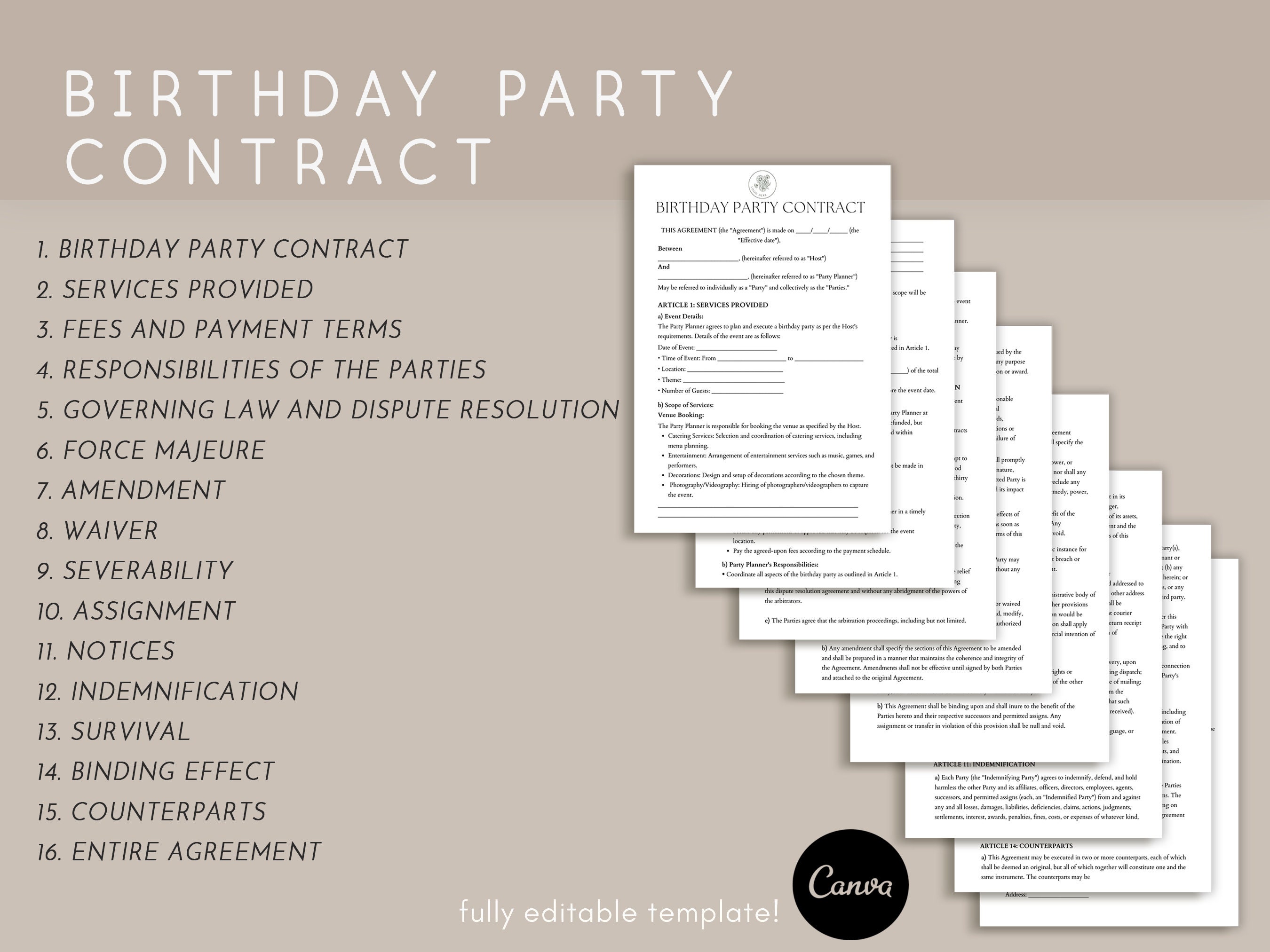 Birthday Party Contract Template , Celebration Service Agreement ...