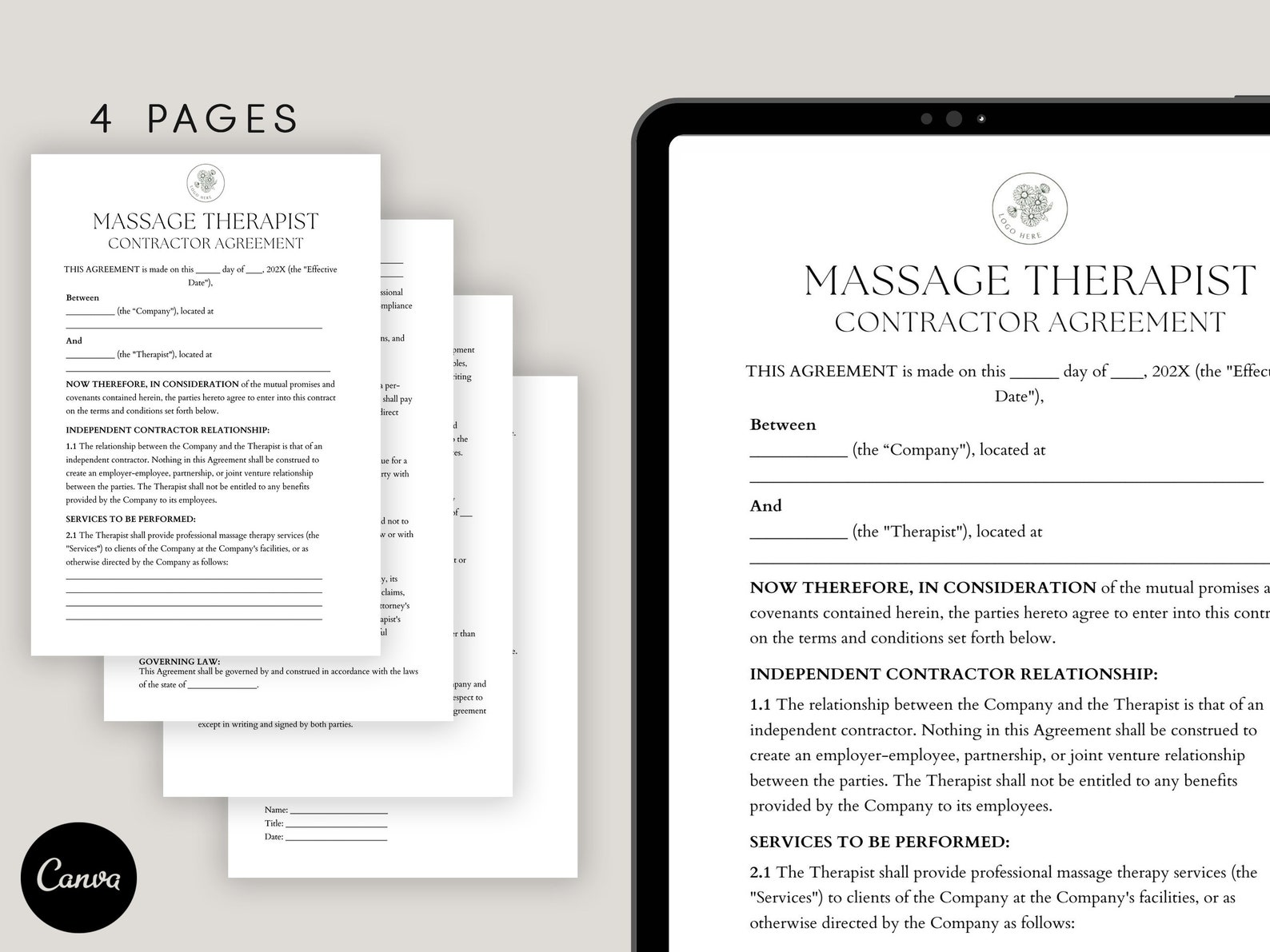 Massage Therapist Independent Contractor Agreement Template, Editable ...