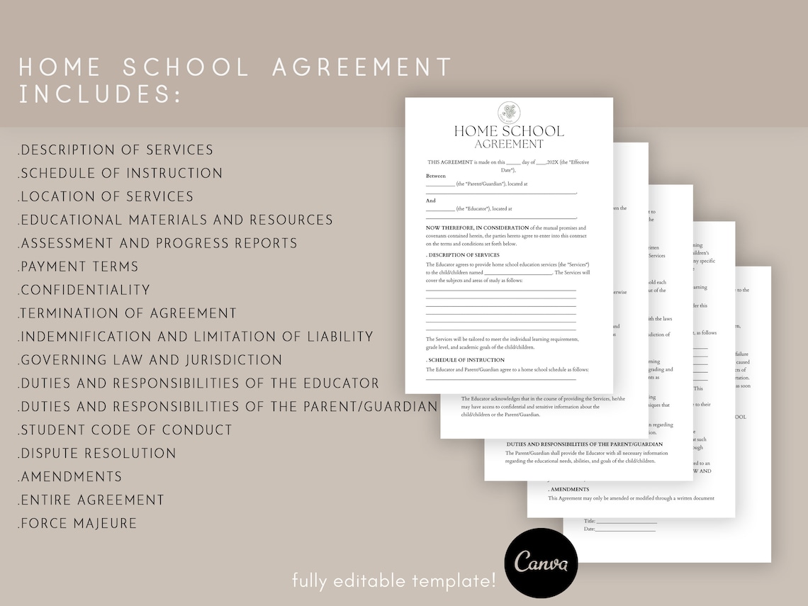 Editable Homeschool Agreement Home Education Agreement - Etsy
