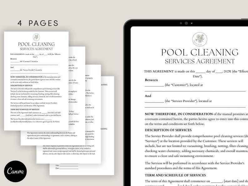 Editable Pool Cleaning Agreement, Pool Service Contract Template, Pool ...