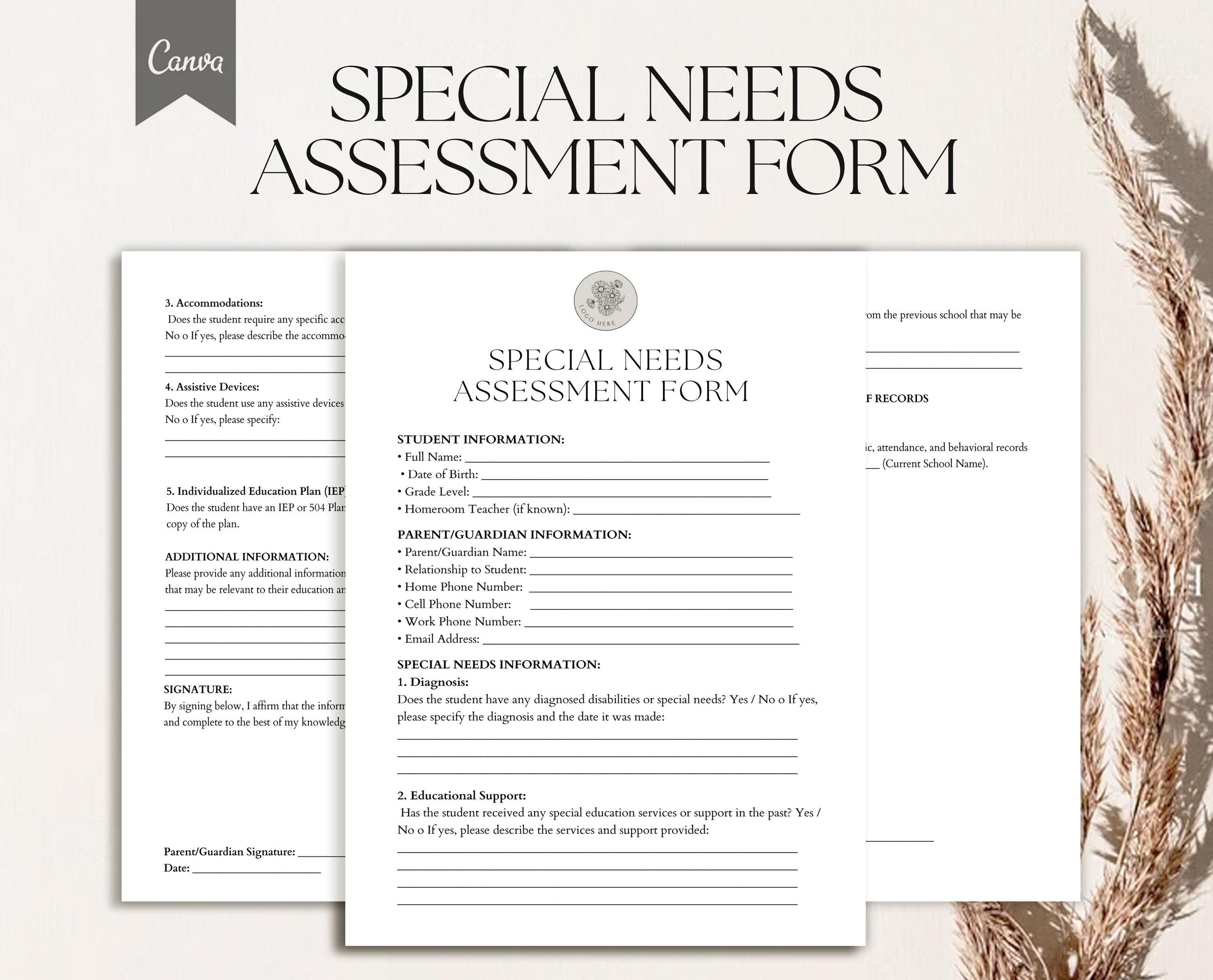 Special Needs Assessment Form Template, Pdf, Canva - Etsy