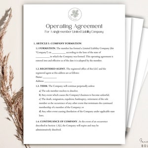 Editable LLC Operating Agreement Form, Single Member LLC Operating ...
