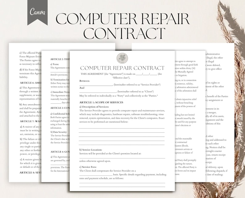Computer Repair Contract Template, Computer Maintenance Agreement, PC ...