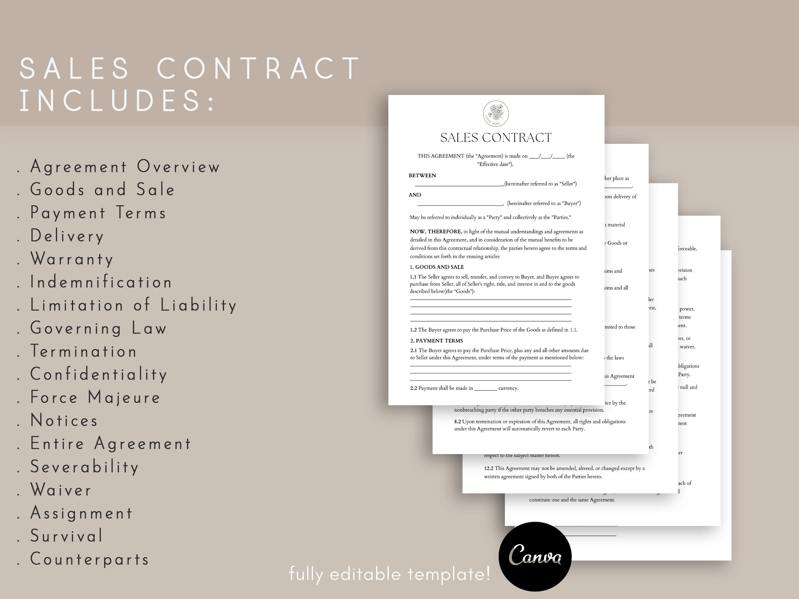 Editable Sales Contract Template, Purchase Agreement, Sales Agreement ...