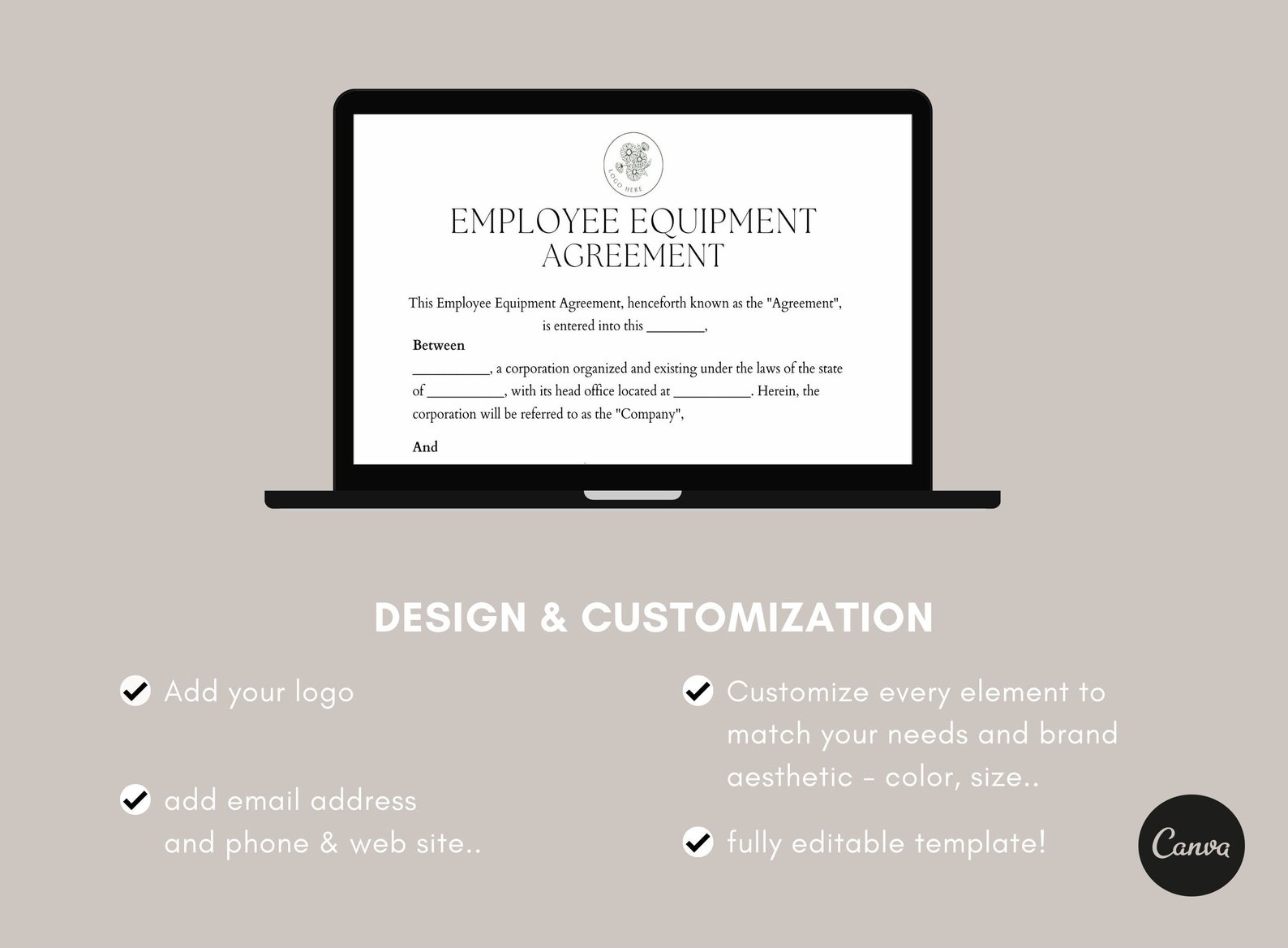 Editable Employee Equipment Agreement, Workplace Equipment Contract ...