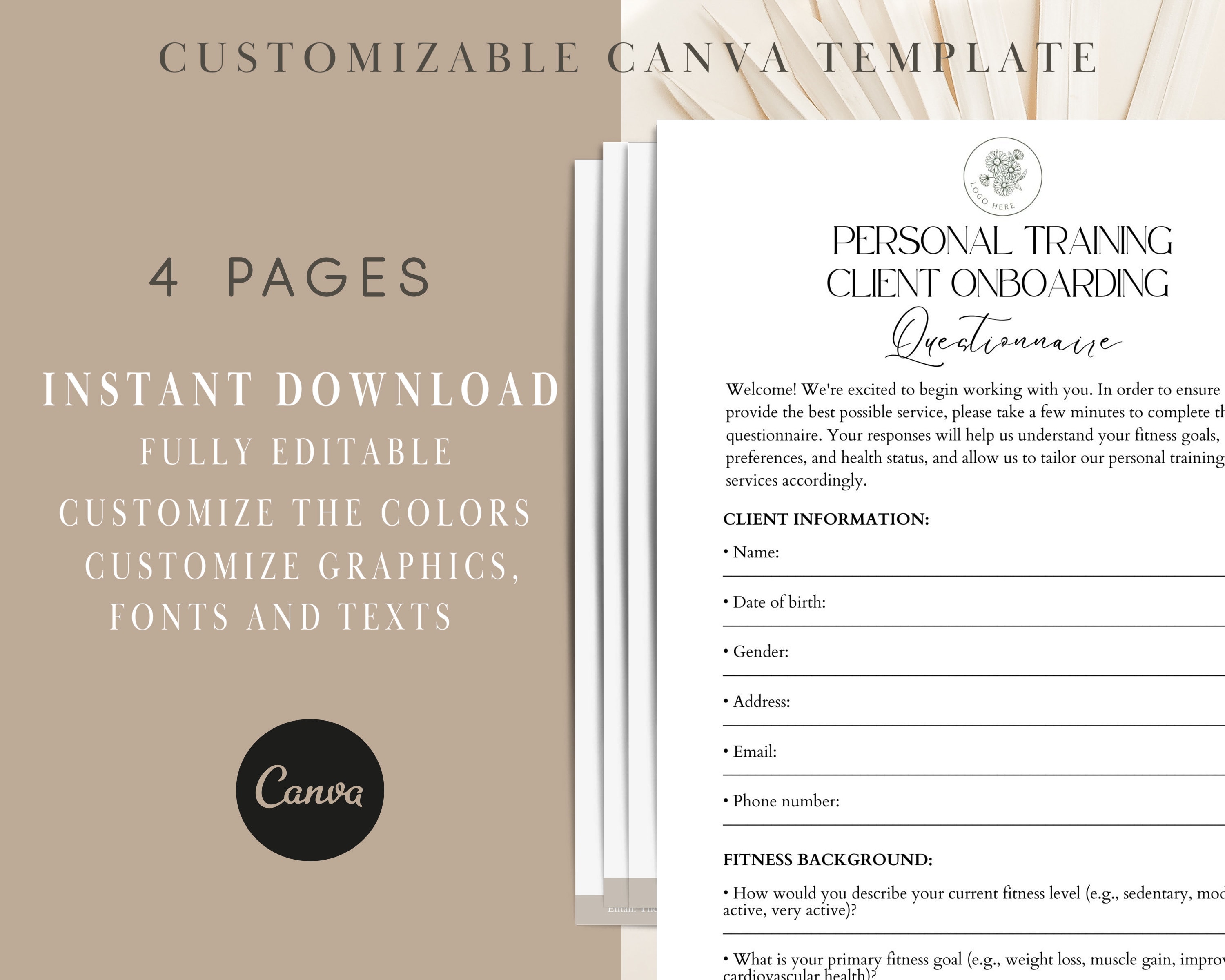 Editable Personal Training Client Onboarding Questionnaire Form ...
