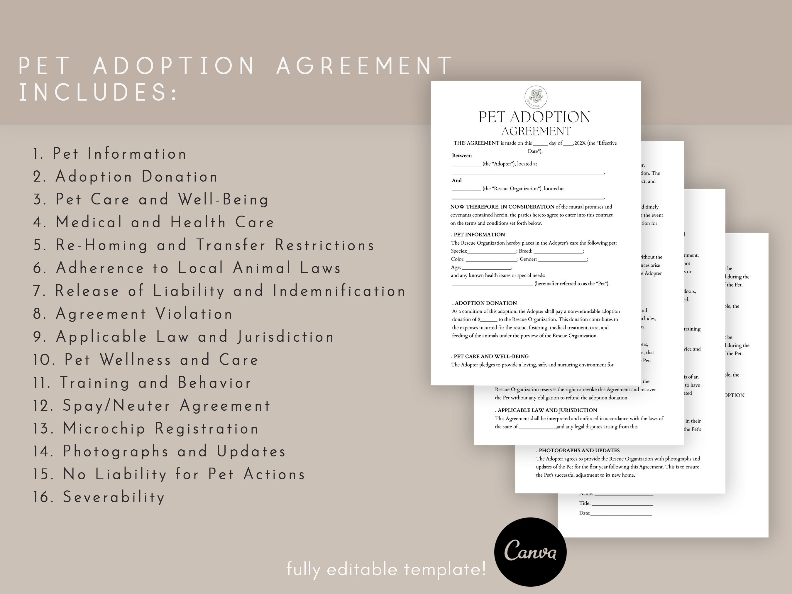 Editable Pet Adoption Agreement, Pet Adoption Terms, Puppy Adoption ...