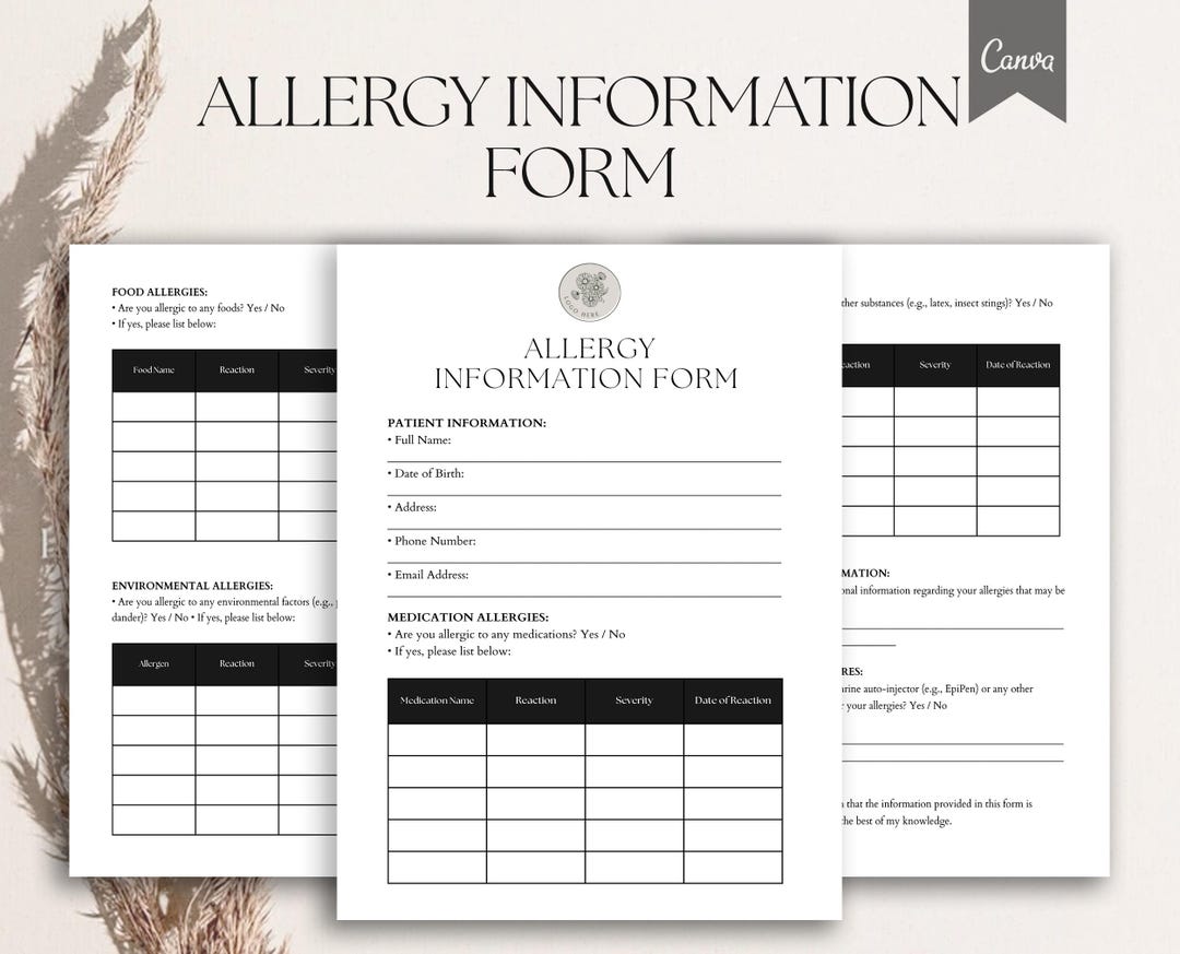 Allergy Information Form Template, Allergy Record Form, Pdf, Canva - Etsy
