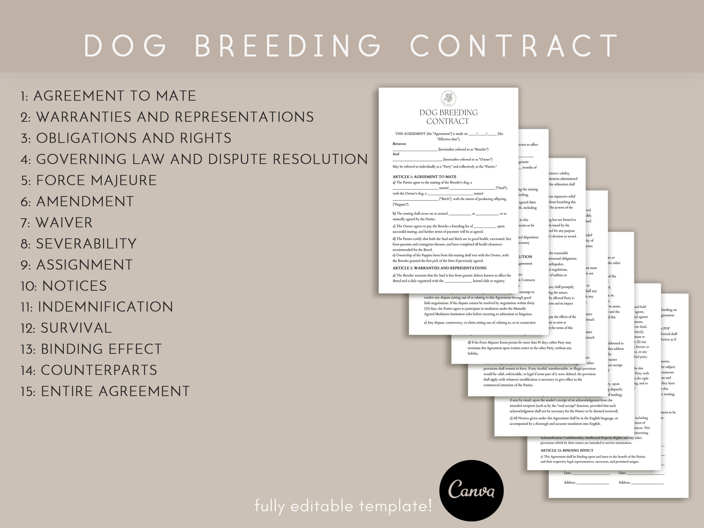 Dog Breeding Contract, Puppy Breeding Agreement, Dog Breeding Arrangement Forms, Pdf, Canva - Etsy