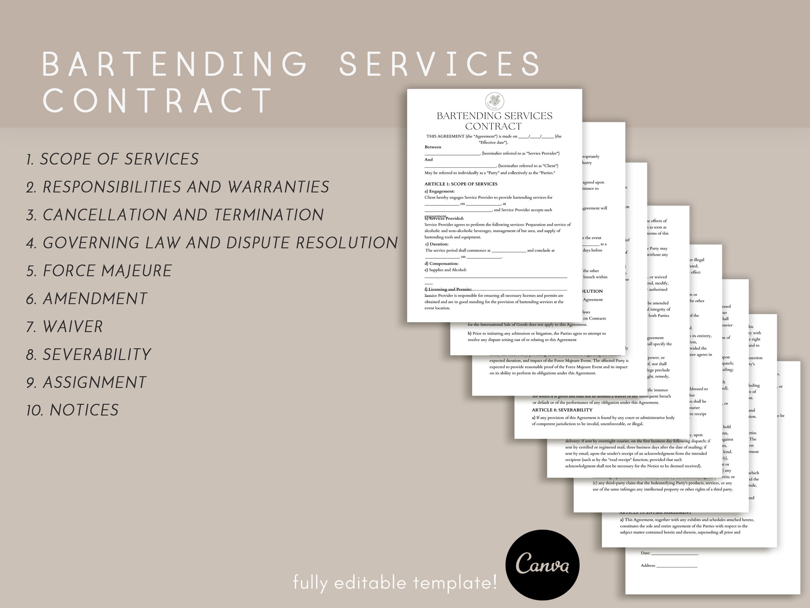 Bartending Services Contract Template, Bartending Agreement, Bartender ...
