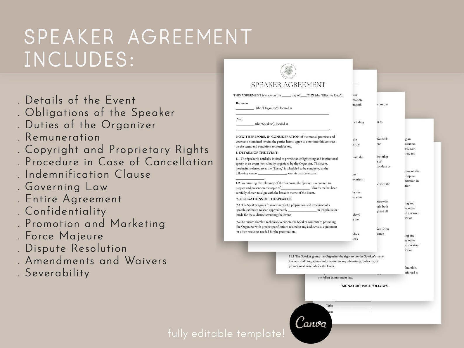 Speaker Agreement, Editable Public Speaker Forms, Motivational Speaker ...