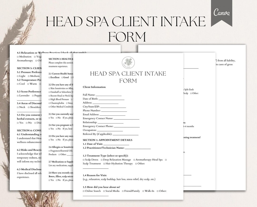 Head Spa Client Intake Form, Scalp Treatment Consultation Form, Head ...