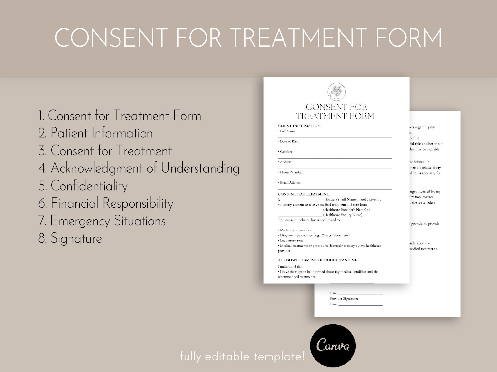 Consent for Treatment Form Template, General Consent for Care Form, Pdf ...