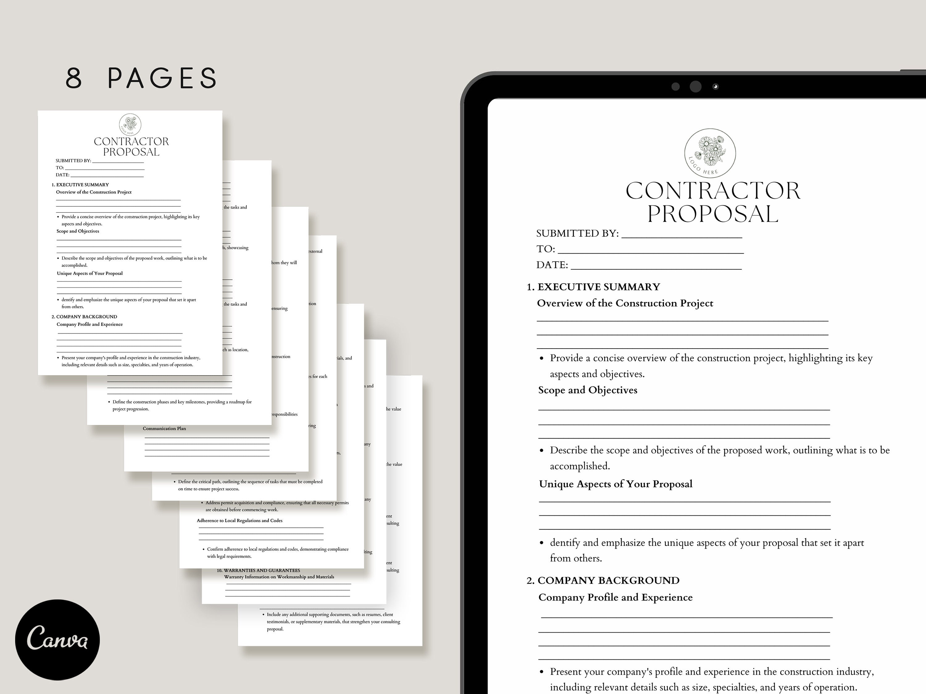 Contractor Proposal Template, Project Proposal Services, Pdf, Canva - Etsy