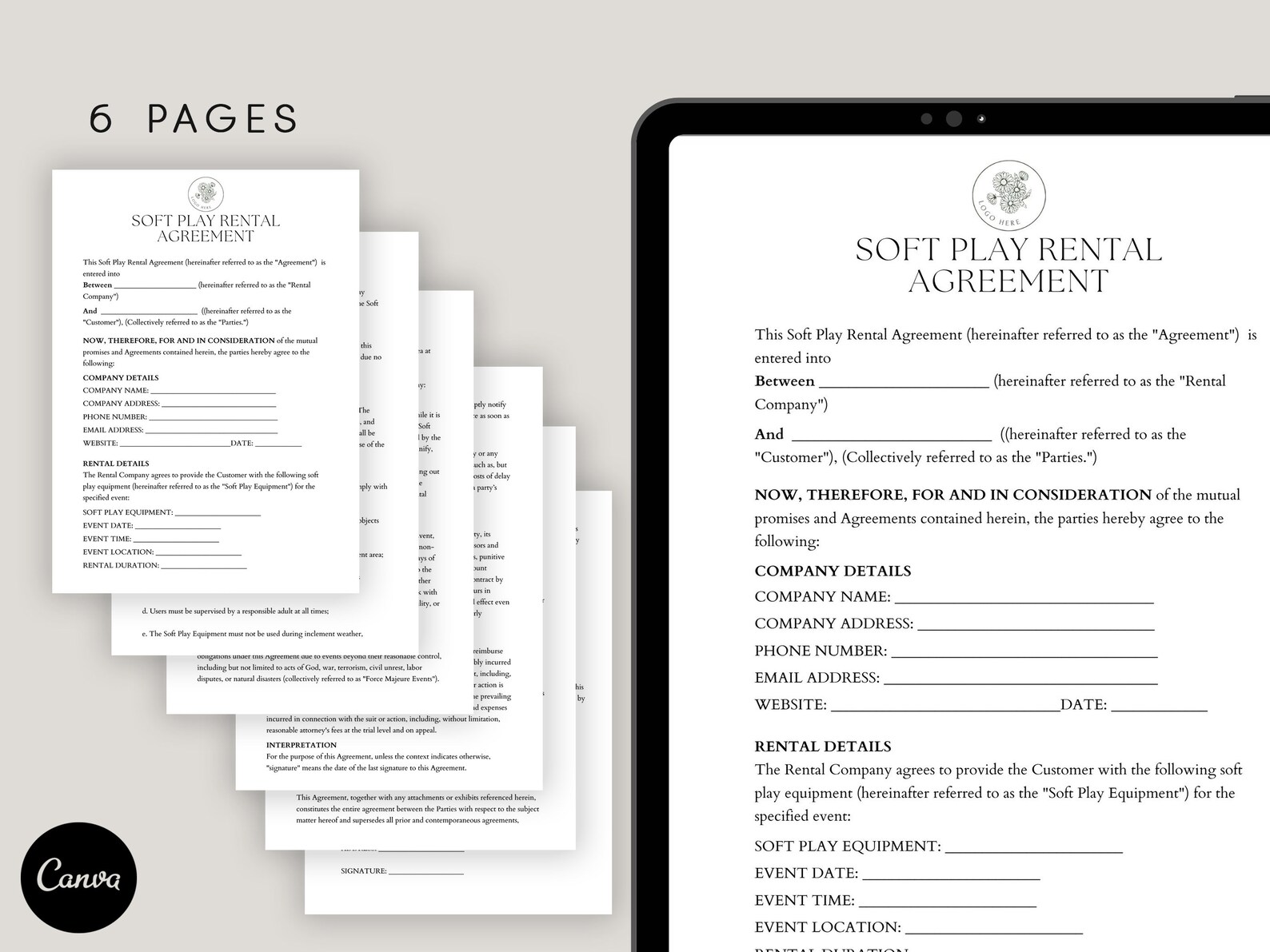 Editable Soft Play Party Rental Agreement, Party Rental Contract, Soft ...