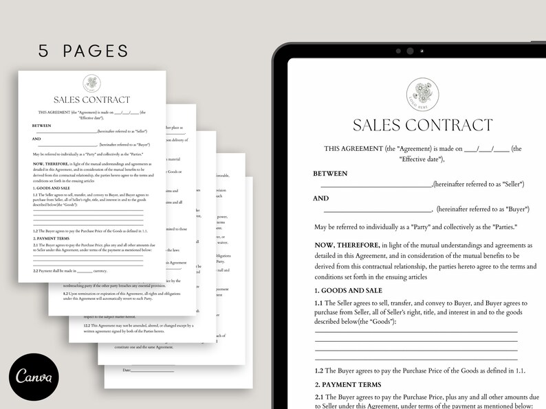 Editable Sales Contract Template, Purchase Agreement, Sales Agreement ...