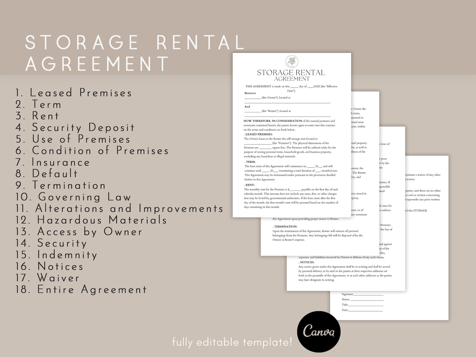 Editable Storage Rental Agreement, Storage Space Lease Contract ...