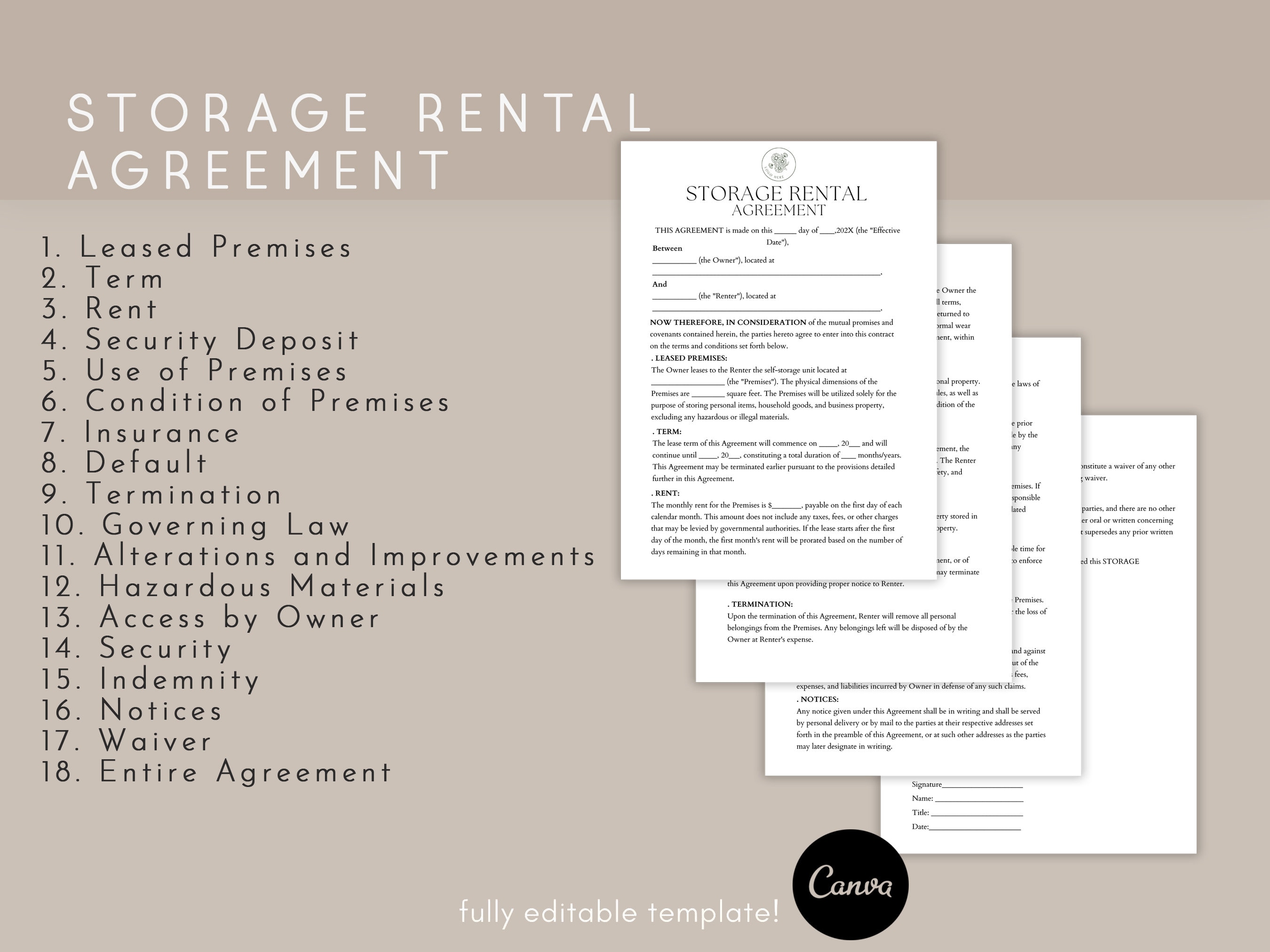 Editable Storage Rental Agreement, Storage Space Lease Contract ...