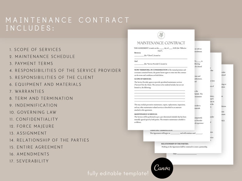 Maintenance Contract Template, Editable Maintenance Contract, Service ...