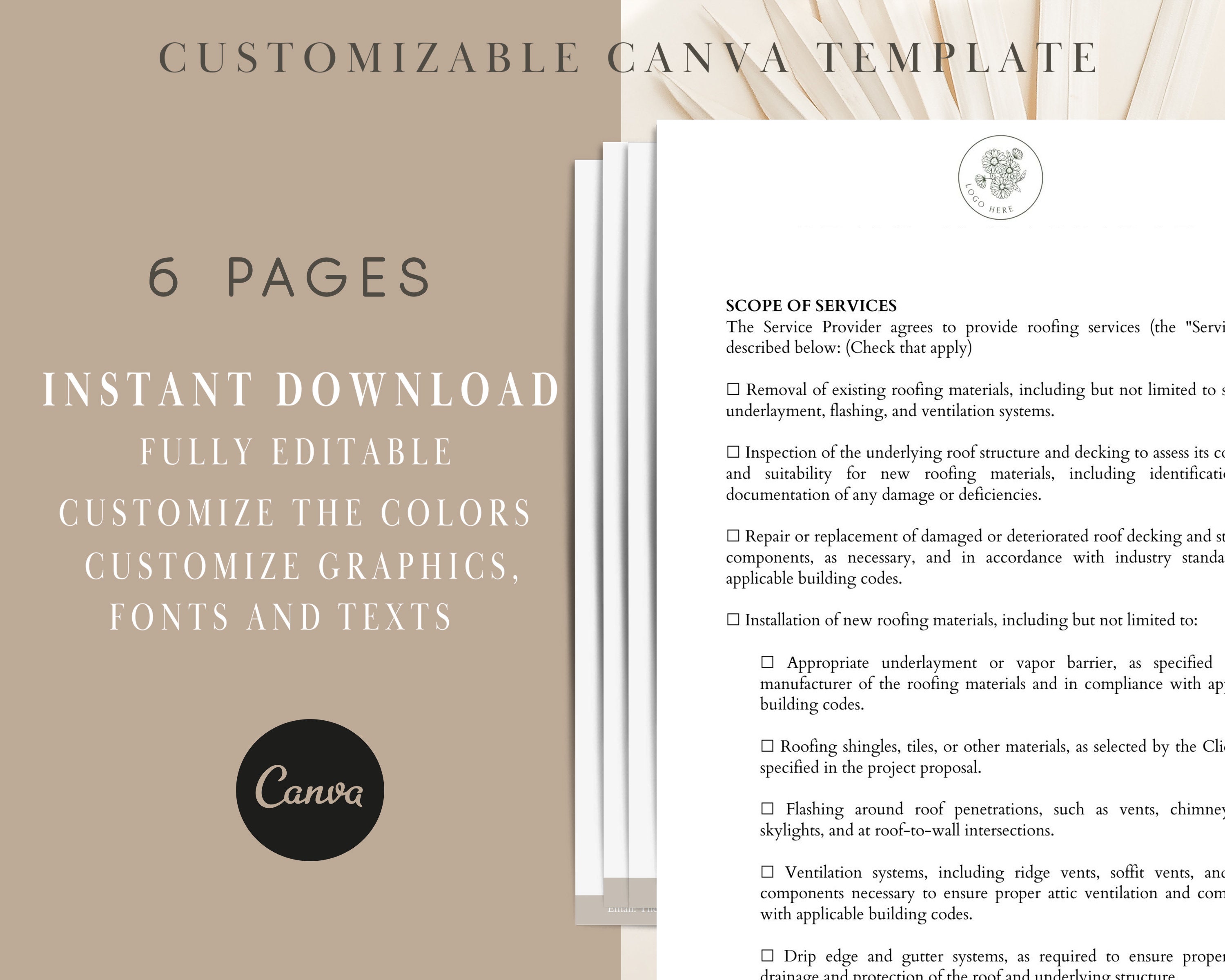 Roofing Service Contract Form, Roofing Contract Template, Editable ...