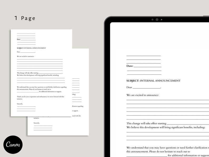 Internal Announcement Letter Template, PDF, Canva - Etsy