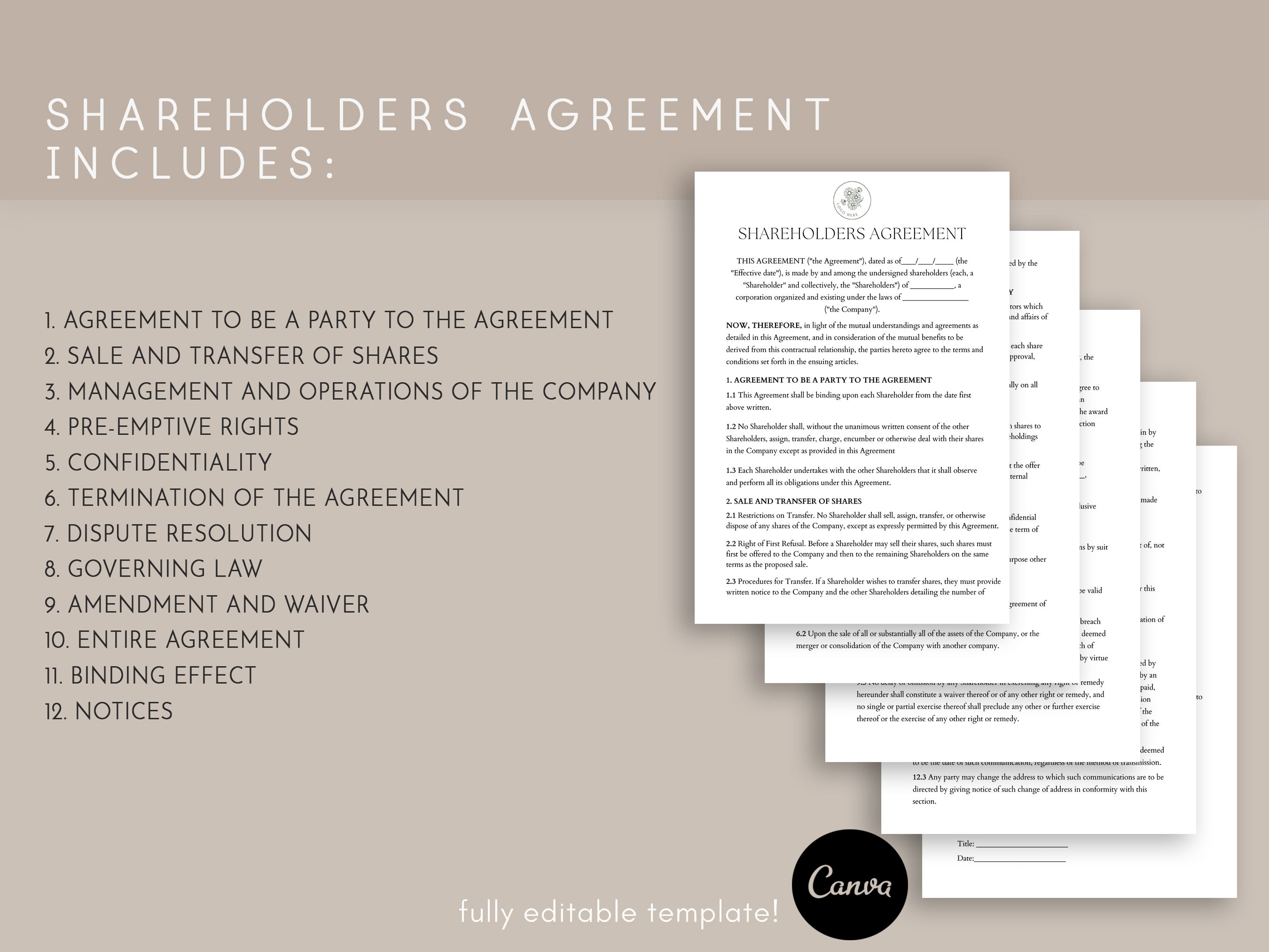 Shareholder Agreement Template, Editable Shareholders Agreement Form ...
