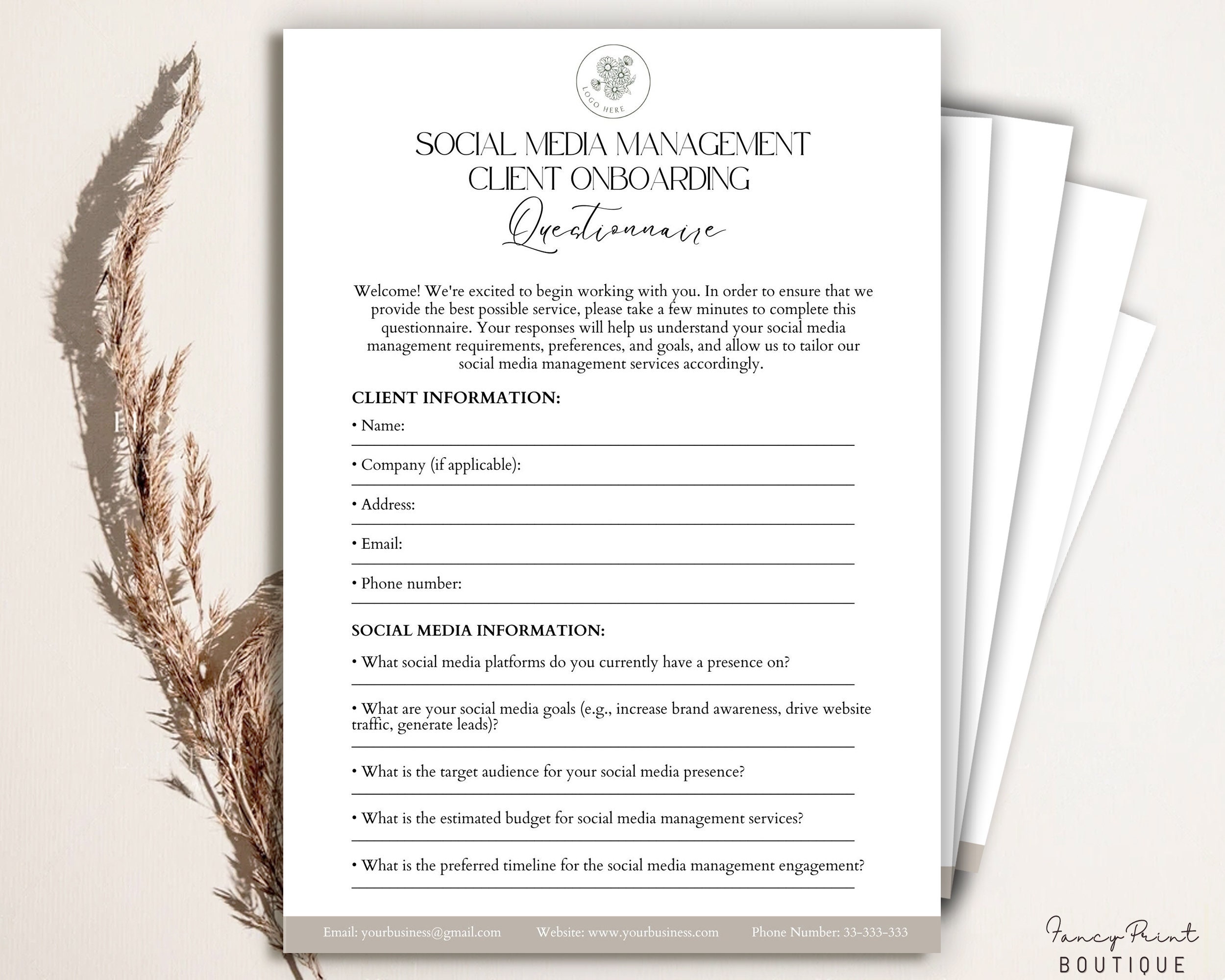 Social Media Management Client Onboarding Questionnaire Form, Editable ...