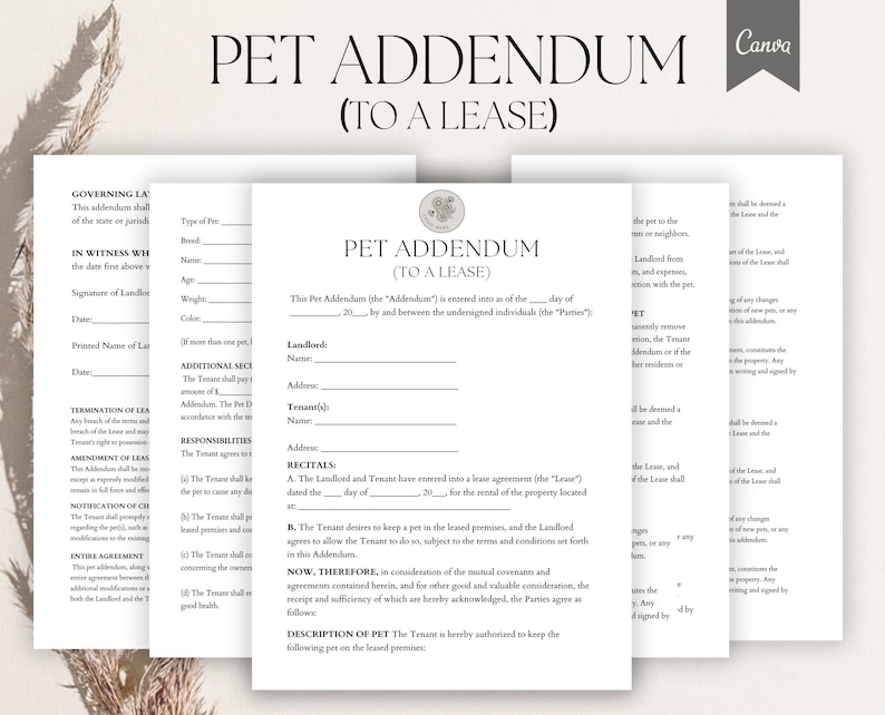 Editable Pet Addendum to A Lease Form, Rental Form, Pet Agreement ...