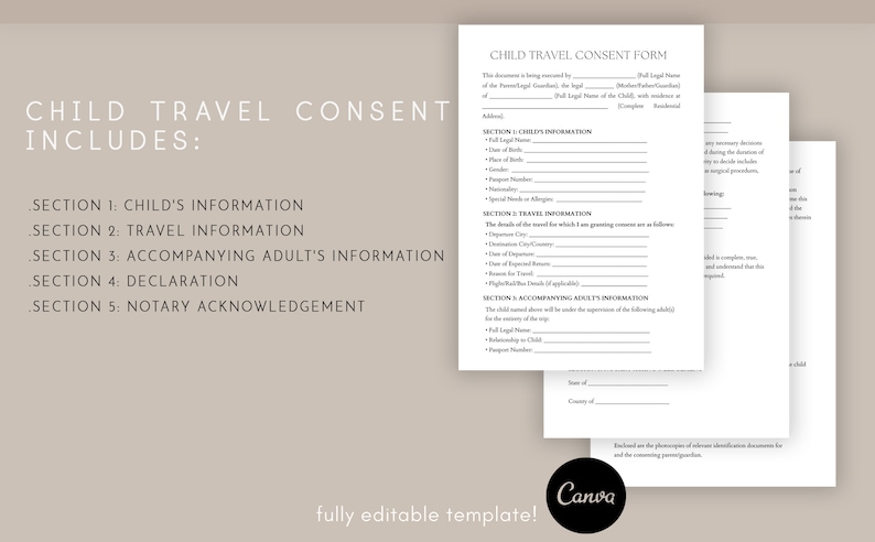 Editable Child Travel Consent Form, Minor Travel Consent Form, Child ...