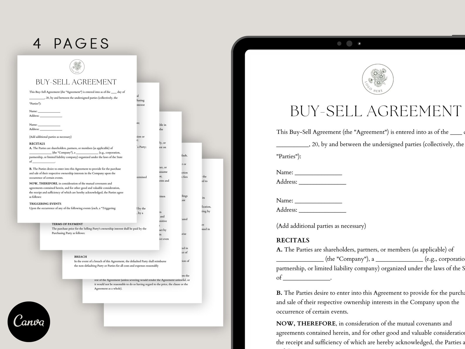 Editable Buy–sell Agreement Form Template, Business Purchase Agreement ...
