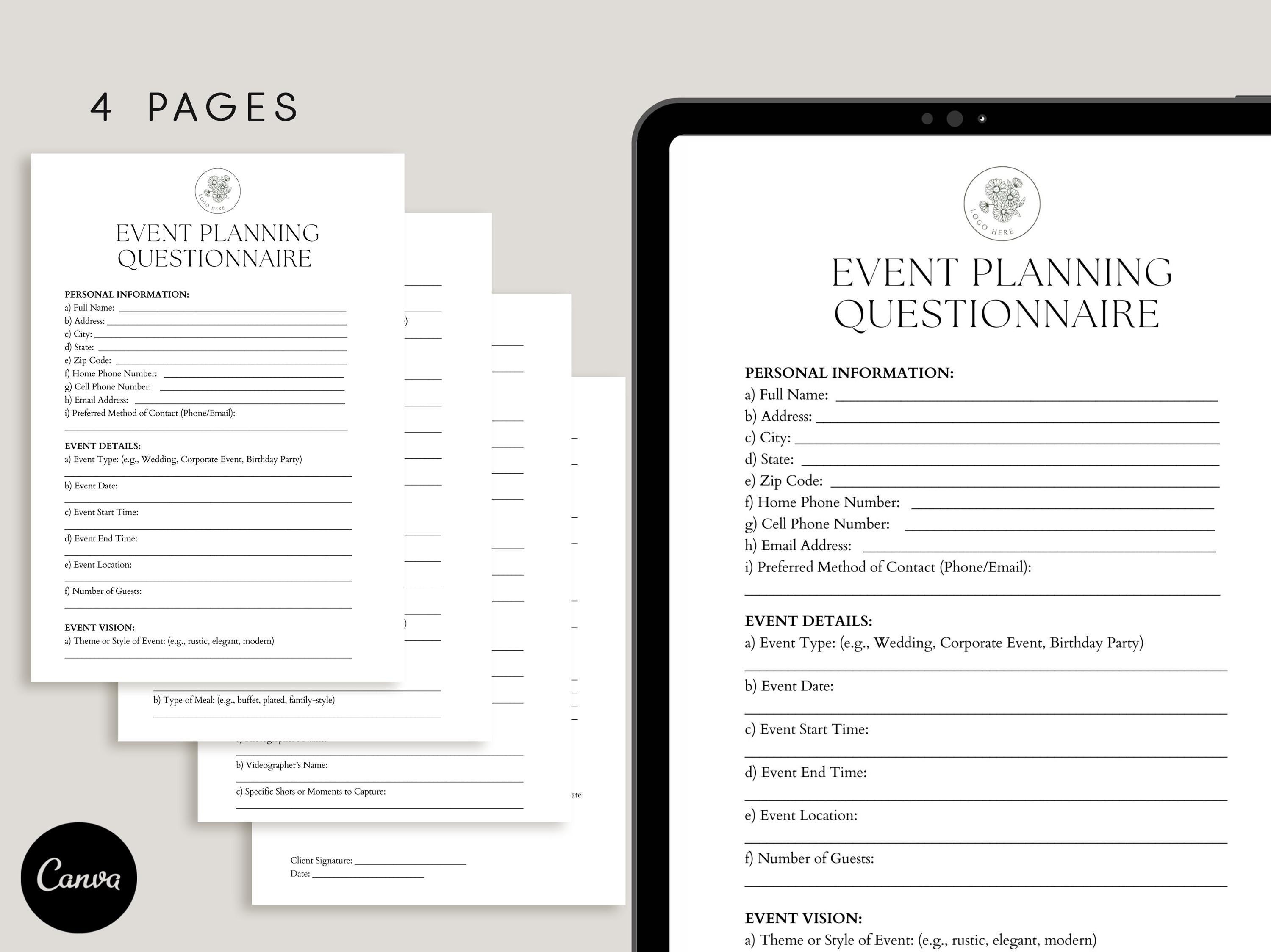 Event Planning Questionnaire Form Template, Event Planning Intake Form ...