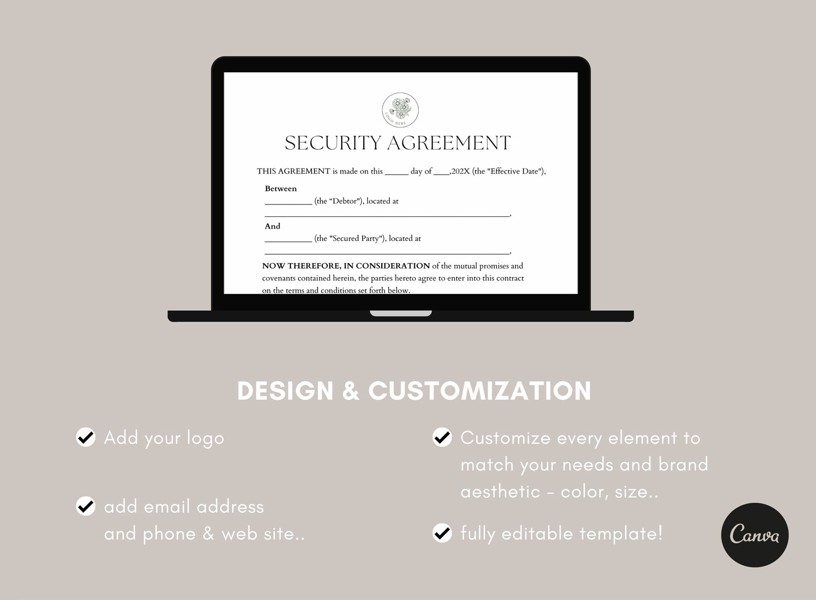 Editable Security Agreement, Security Contract, Financial Security Form ...