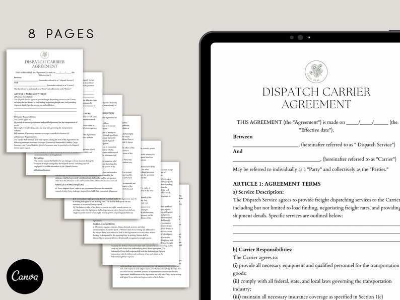 Dispatch Carrier Agreement, Carrier Service Agreement, Logistics Dispatch Agreement Pdf, Canva ...