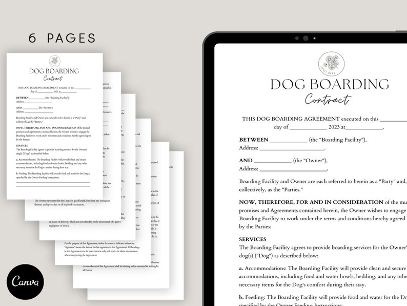Dog Boarding Contract Template, Editable Dog Boarding Forms, Dog ...