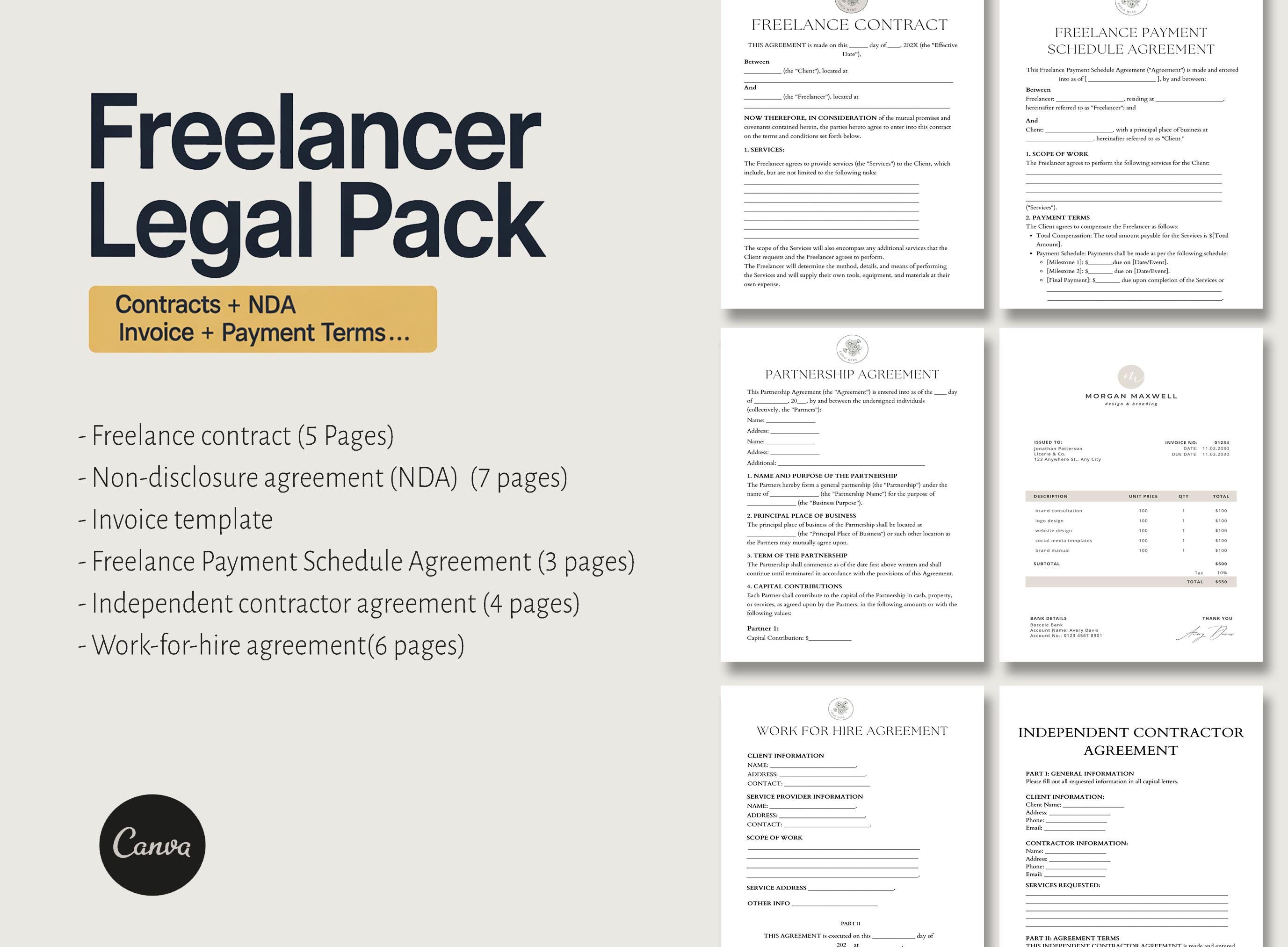 Freelancer Legal Bundle, Contracts, NDA, Invoice, Payment Agreement ...