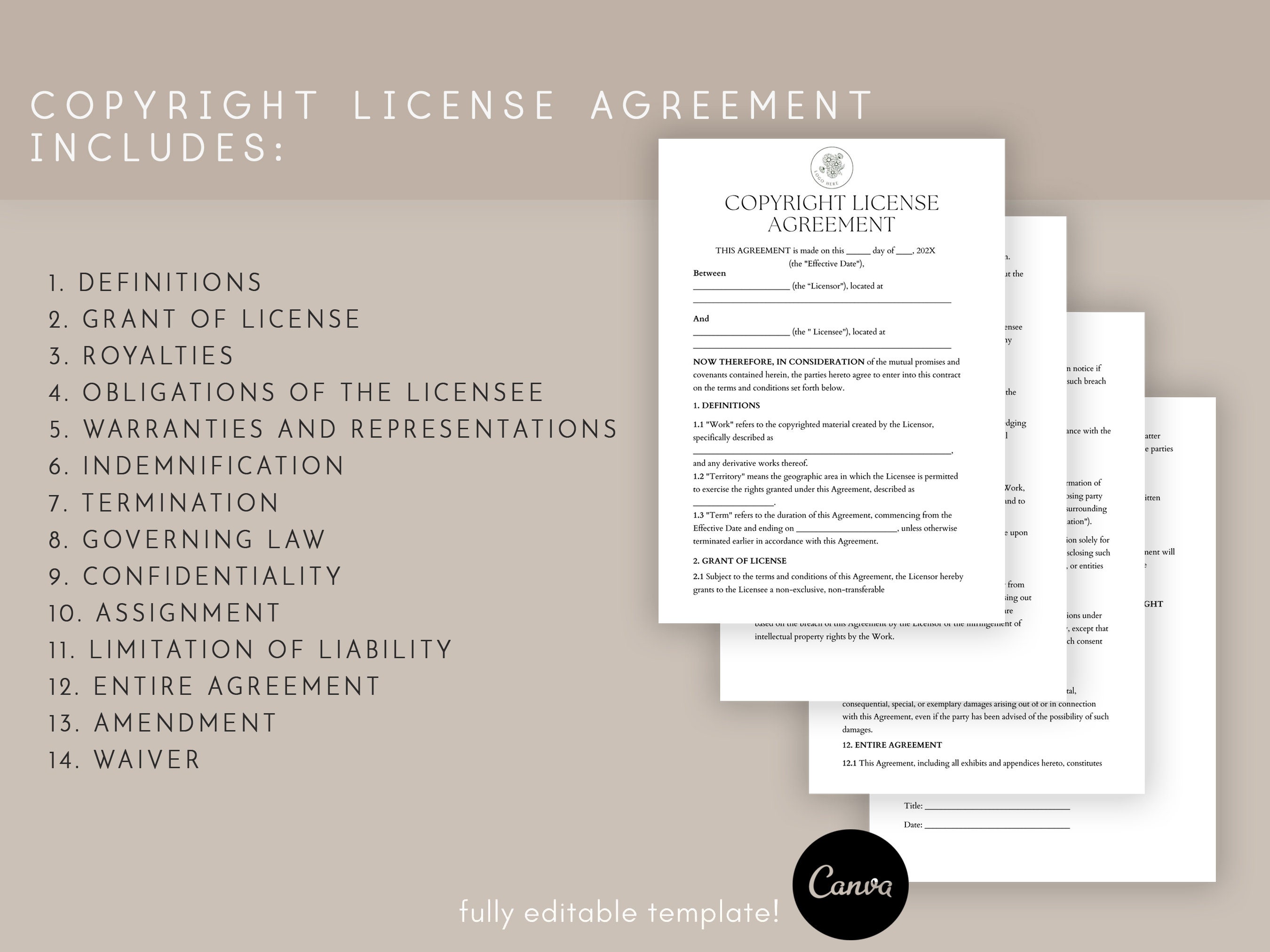 Copyright License Agreement Editable Template, Licensing Agreement ...