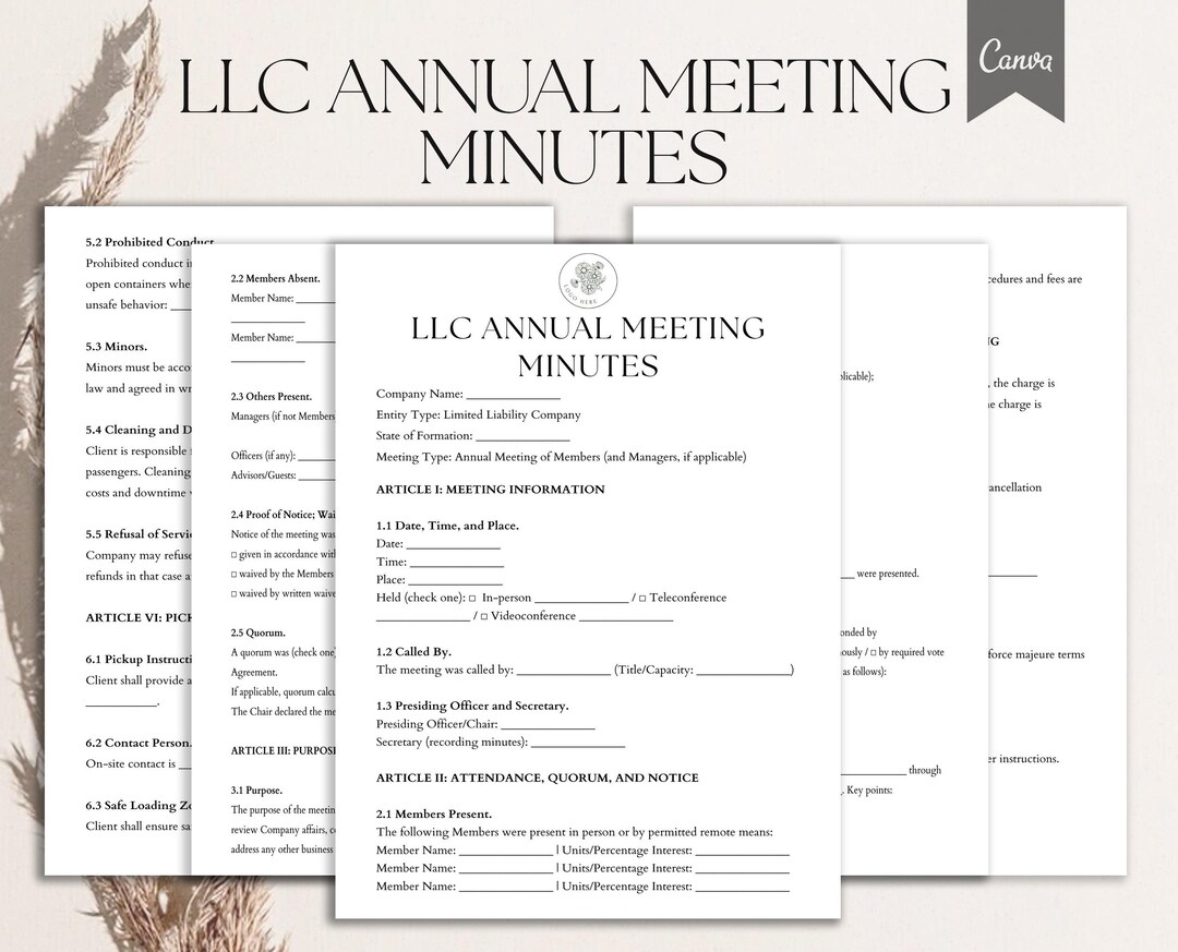 LLC Annual Meeting Minutes Template, Editable Limited Liability Company ...