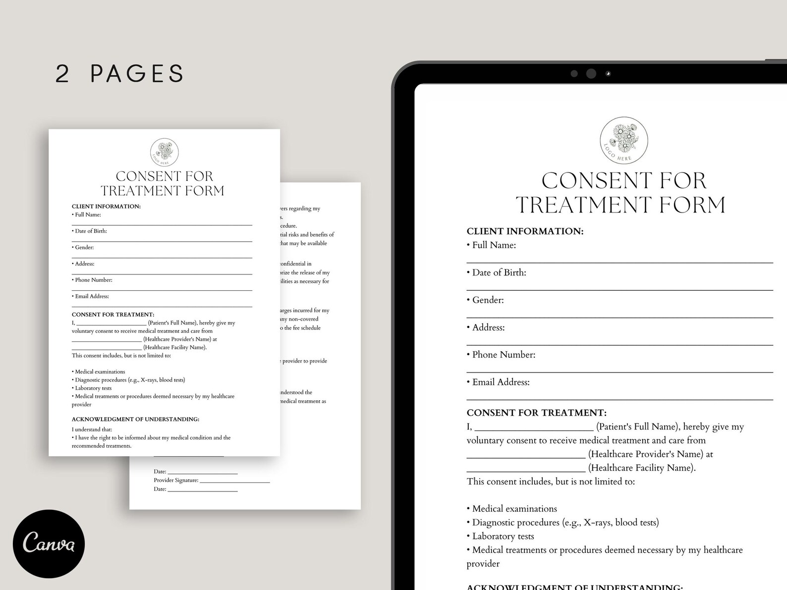 Consent for Treatment Form Template, General Consent for Care Form, Pdf ...