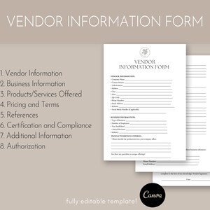 Vendor Information Form Template, Pdf, Canva - Etsy