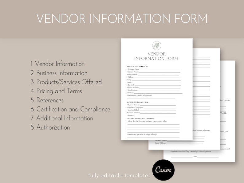 Vendor Information Form Template, Pdf, Canva - Etsy