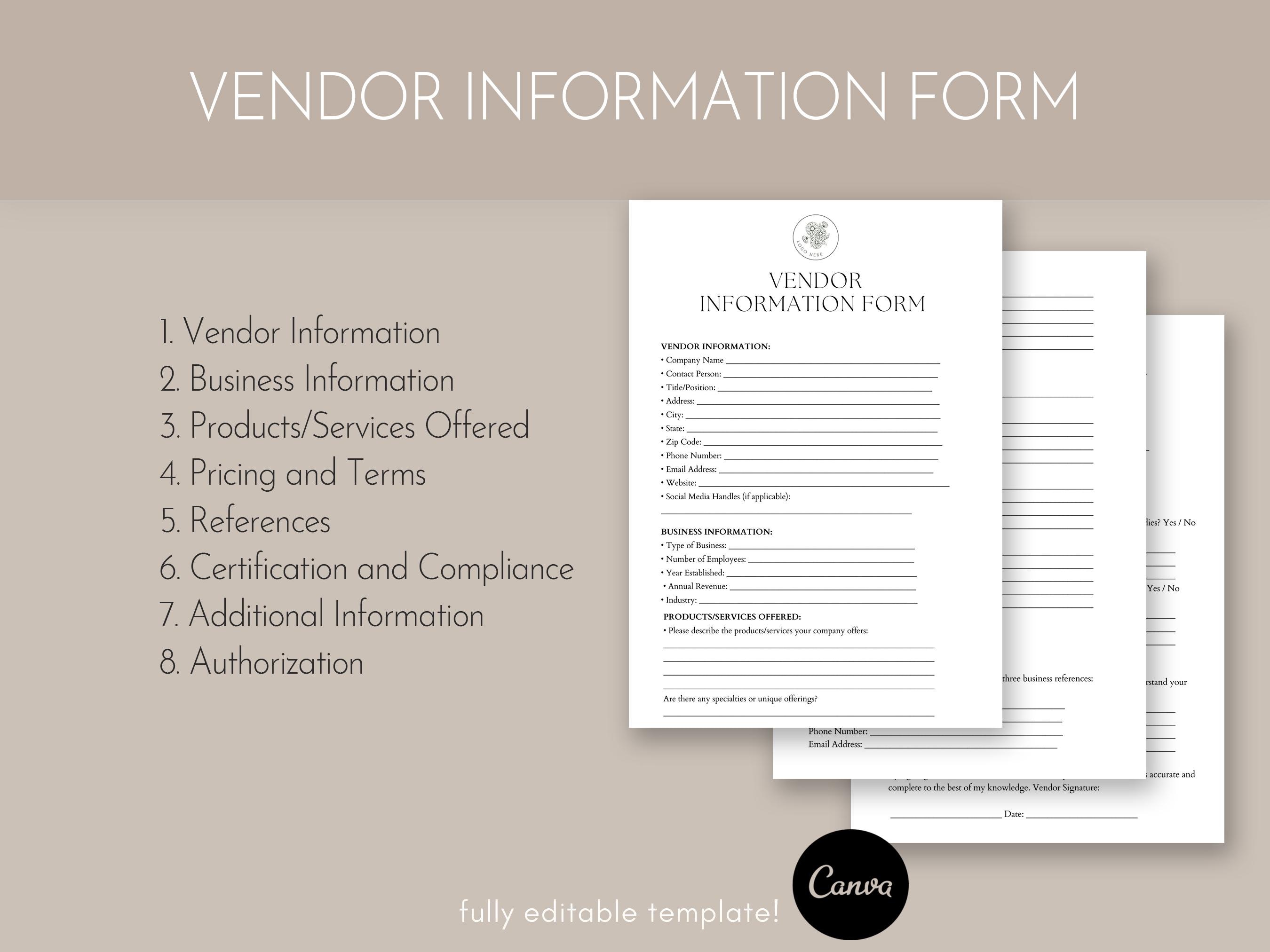 Vendor Information Form Template, Pdf, Canva - Etsy
