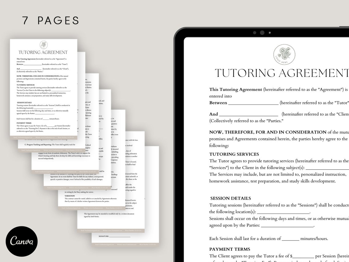 Tutoring Service Agreement Template, Editable Tutoring Service Contract ...