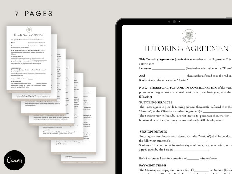 Tutoring Service Agreement Template, Editable Tutoring Service Contract ...