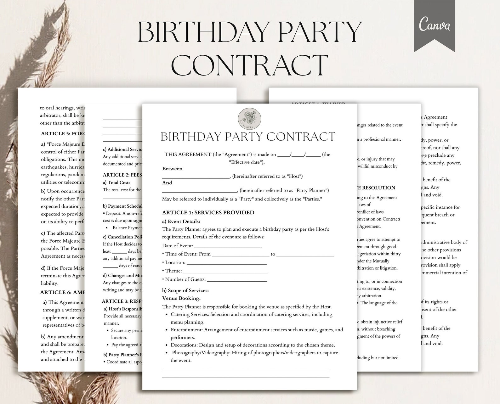 Birthday Party Contract Template , Celebration Service Agreement ...