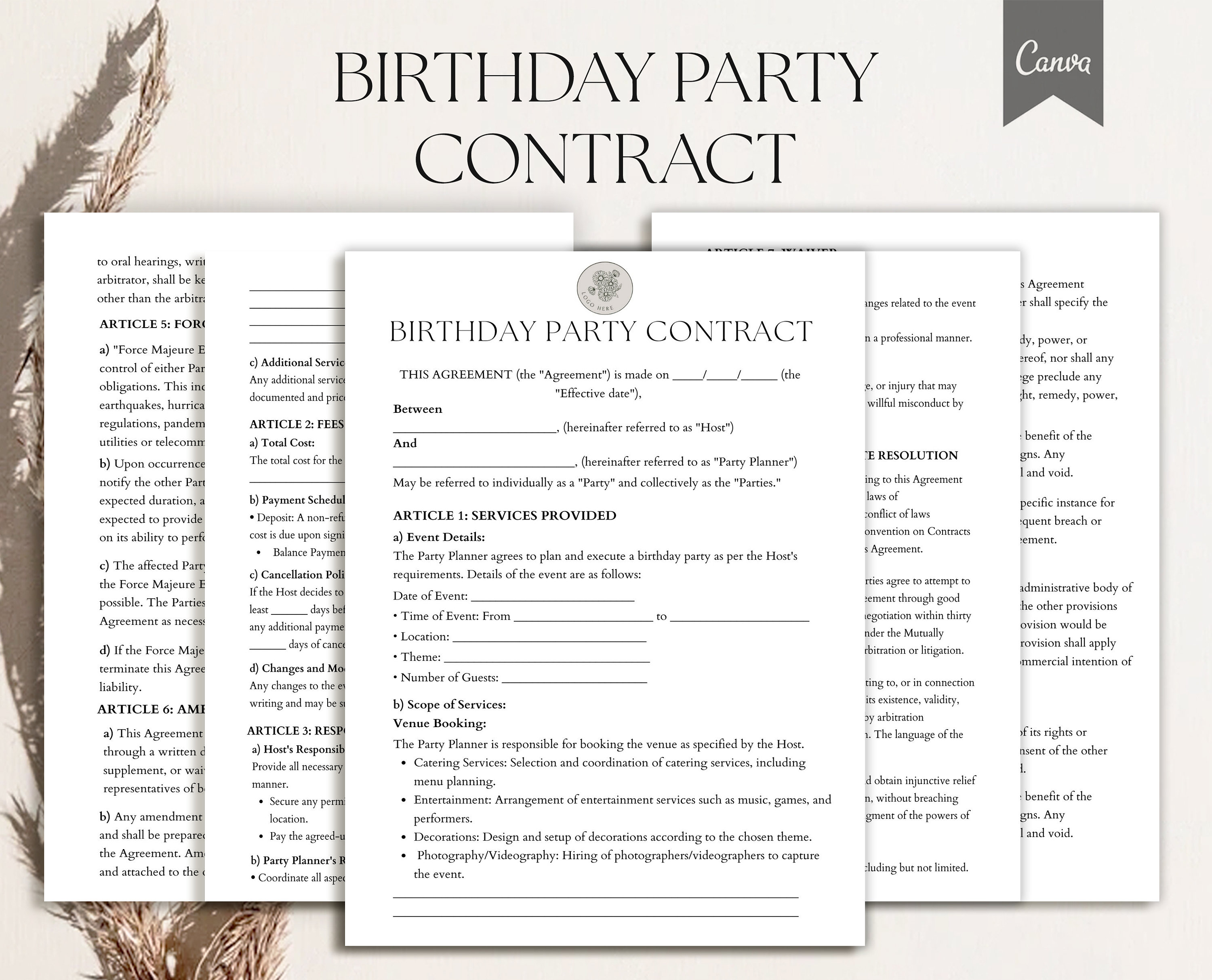 Birthday Party Contract Template , Celebration Service Agreement ...