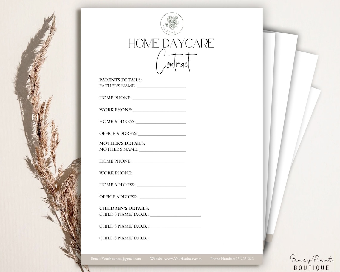 Editable Home Daycare Contract Template, Home Daycare Agreement Form ...