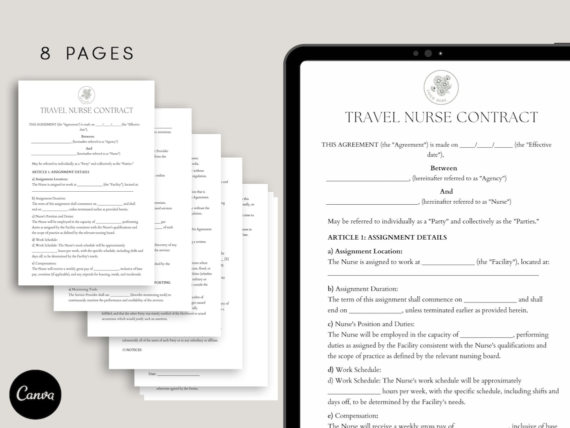 Editable Travel Nurse Contract Template, Travel Nursing Contract ...