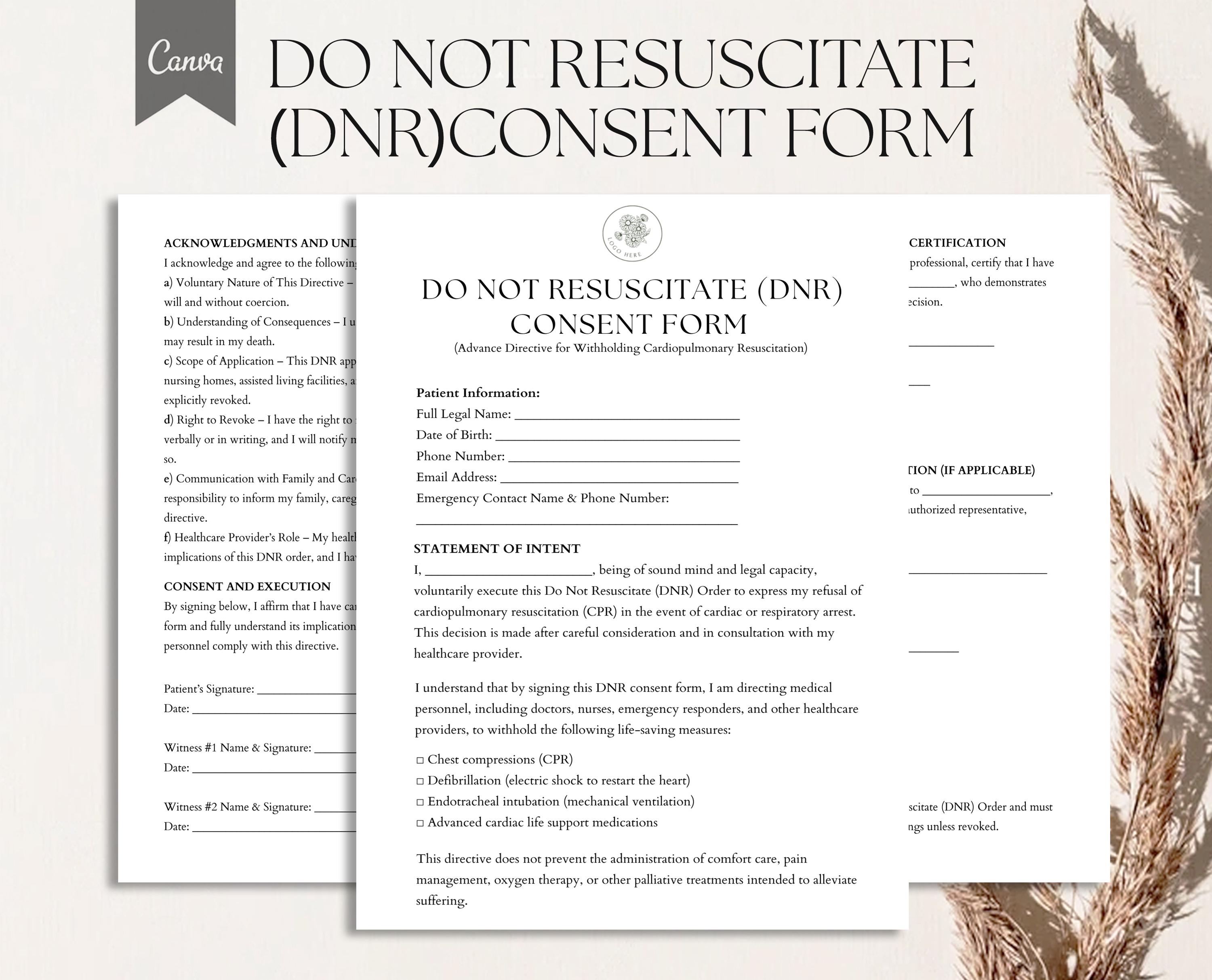 Do Not Resuscitate (DNR) Consent Form Template, PDF, Canva - Etsy