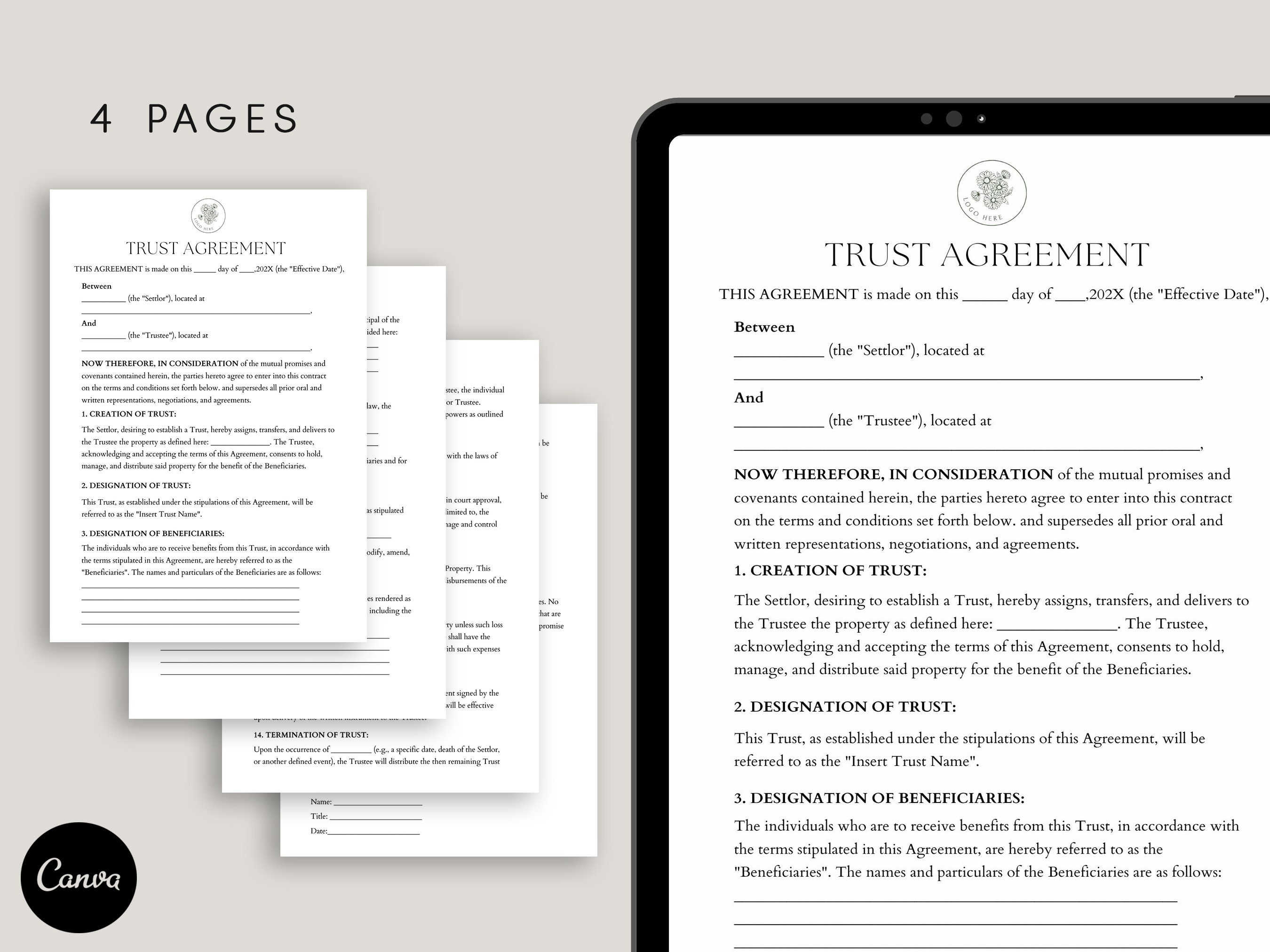 Editable Trust Agreement Template, Trust Contract Forms, Living Trust ...