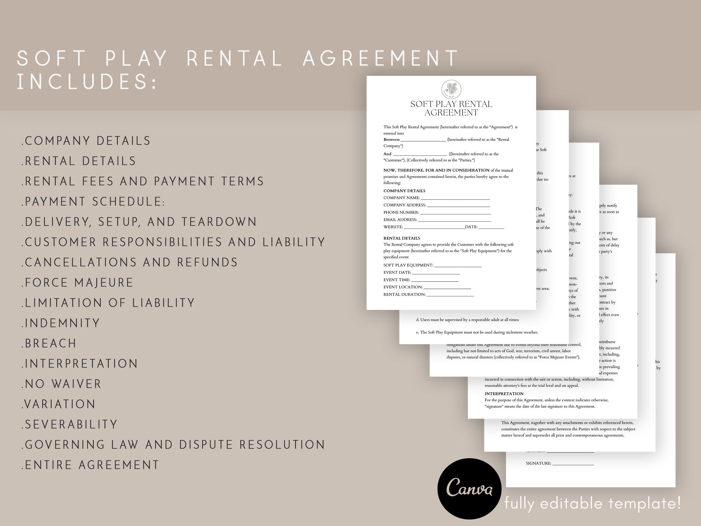 Editable Soft Play Party Rental Agreement, Party Rental Contract, Soft ...